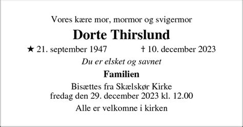 Dødsannonce Dorte Thirslund Skælskør Dødsannoncerdk