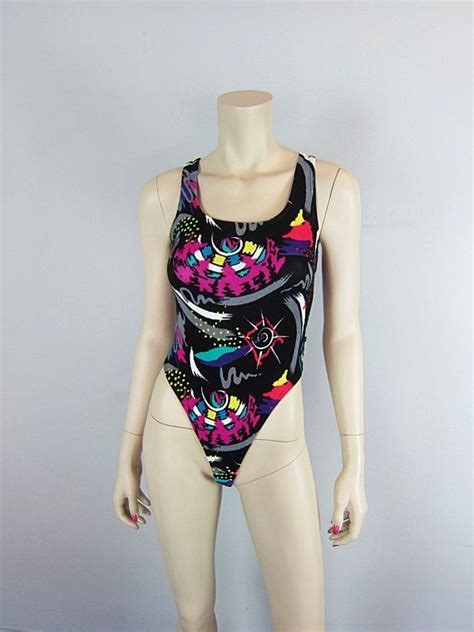 Vintage 80s Abstract Print Thong Workout Wear High Cut Leg Etsy