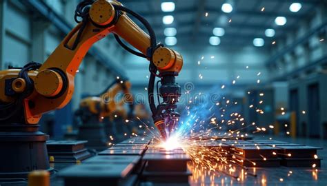 Automated Robotic Arm Welds Steel Components In Factory Sparks Fly Modern Manufacturing