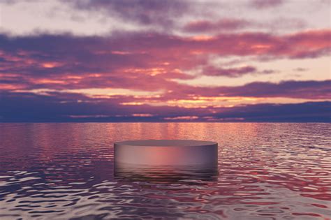 Abstact 3d는 여름 장면과 자연 받침대 배경 제품 디스플레이 광고 모형 등을 위해 일몰에 바다에 유리 연단을 렌더링합니다 0명에 대한 스톡 사진 및 기타 이미지