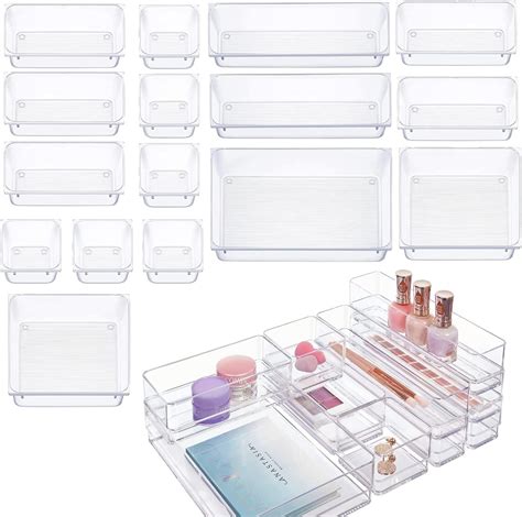 Yoawllty 16 Pcs Desk Drawer Organizers Trays Set Clear Plastic Storage