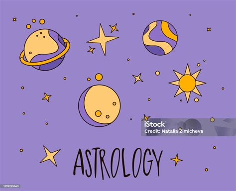 플랫 스타일 태양계 일러스트 천문관 포스터와 천문학 연구 점성술 예측 별자리 행성 별 조디악 표지판 점성술사 점성술사 점성술사 마녀 검은 손톱 마법 신비주의 예측과 여성의