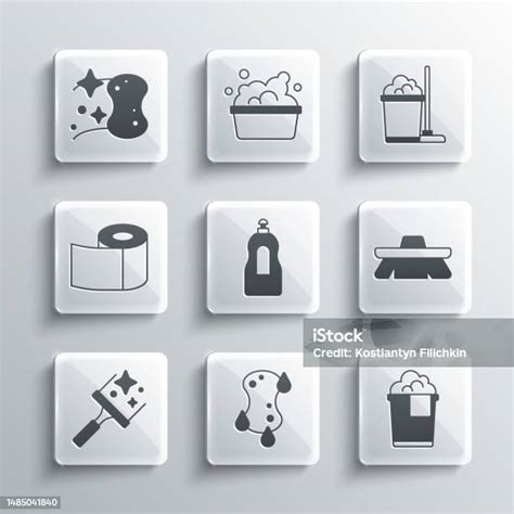 스폰지 거품이 있는 양동이 청소용 브러시 식기 세척액 병 고무 클리너 창 화장지 롤 걸레 및 양동이 아이콘을 설정합니다 벡터 가사 집안일에 대한 스톡 벡터 아트 및 기타