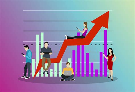 비즈니스 그래프 성장 개념 벡터 일러스트는 팀으로 일하고 성장 차트에 앉아 전문 사람들의 그림 랩톱을 사용하여 비즈니스를 개발하는 플랫 사람들 화이트 비즈니스 배경 개발에