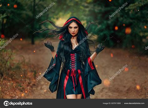 Fantasy Woman Witch Creates Magic Hands Raised Long Hair Flying Stock