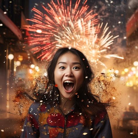 Premium Ai Image Photo Of An Asian Woman Smiling In Front Of Fireworks