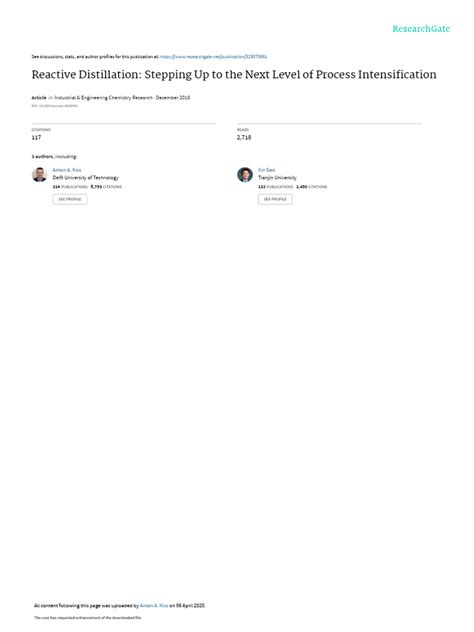 Reactive Distillation Stepping Up To The Next Level Of Process Intensification Pdf