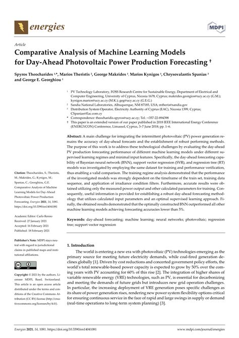 Pdf Comparative Analysis Of Machine Learning Models For Day Ahead Photovoltaic Power