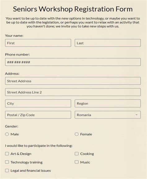 Free Seniors Workshop Registration Form Template