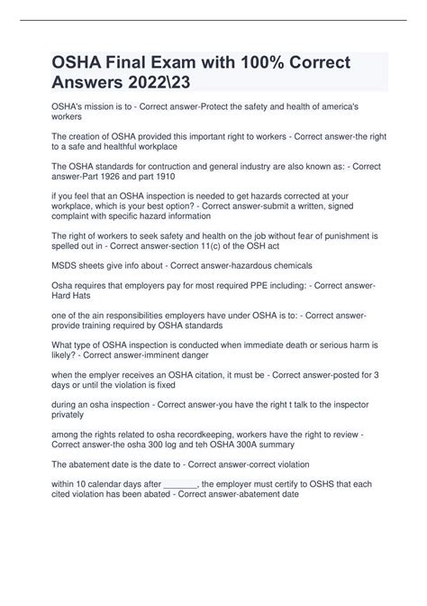 Osha Final Exam With 100 Correct Answers 2022 23 Osha Stuvia Us