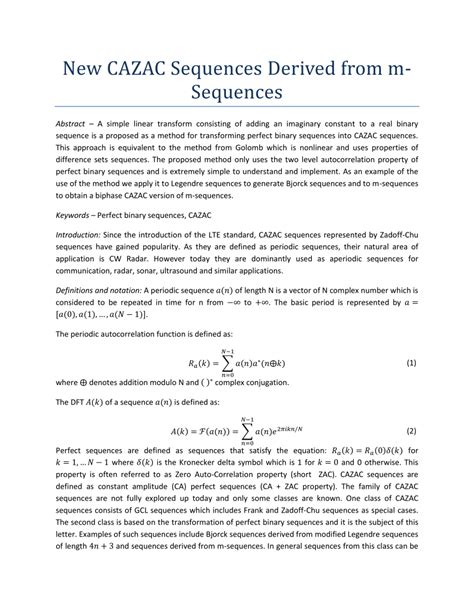 Pdf Unfinished New Cazac Sequences Derived From M Sequences