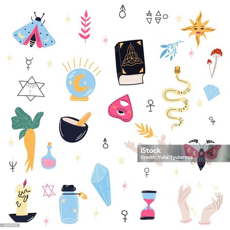 흰색 배경에 만화 스타일의 마법 개체 마녀 마법의 디자인 할로윈 마술의 예술 벡터 개념입니다 벡터 일러스트 디자인 가상 할로윈에 대한 스톡 벡터 아트 및 기타 이미지