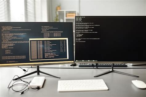 Premium Photo Background Image Of Two Computers On Desk With Code Lines On Screen In It