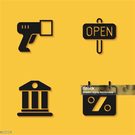 스캐너 스캔 바코드 할인 퍼센트 태그 은행 건물 및 텍스트가 있는 교수형 기호를 긴 그림자가 있는 아이콘 열기로 설정합니다 벡터 0명에 대한 스톡 벡터 아트 및 기타 이미지