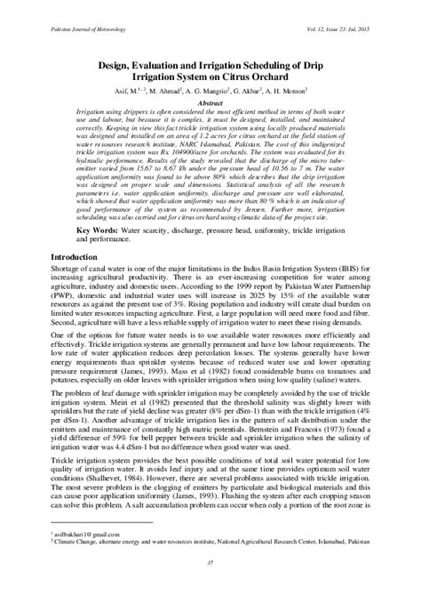 Pdf Design Evaluation And Irrigation Scheduling Of Drip Irrigation System On Citrus Orchard