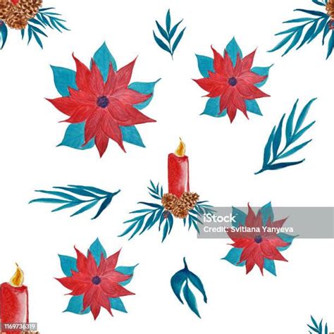포인세티아 양초 소나무 콘 녹지가 있는 매끄러운 크리스마스 패턴 0명에 대한 스톡 벡터 아트 및 기타 이미지 0명 겨울