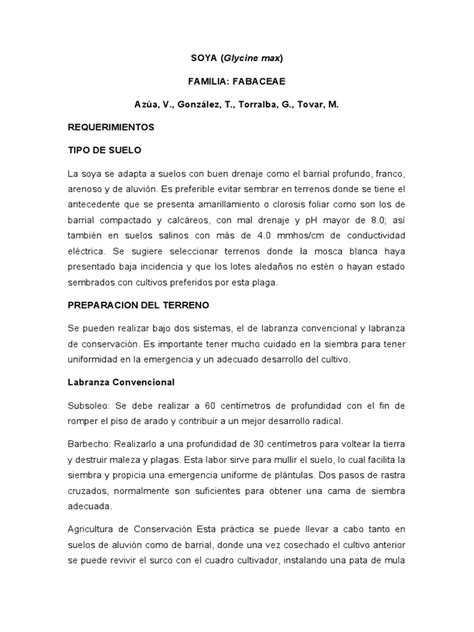 Cultivo De Soya En El Sur De Sonora Requerimientos Preparación Del