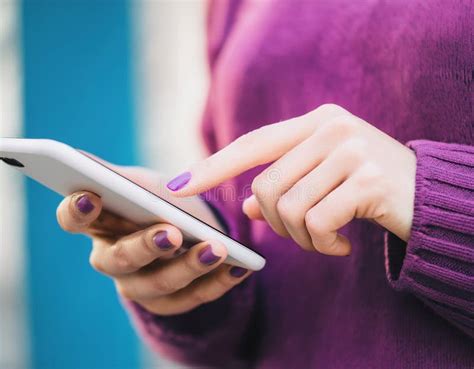 Girl With Mobile Smart Phone Girl Hand Touching Screen On Modern