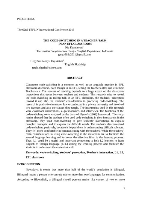 pdf the code switching in a teacher talk in an efl classroom