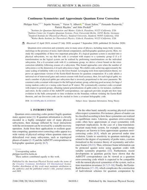 Pdf Continuous Symmetries And Approximate Quantum Error Correction