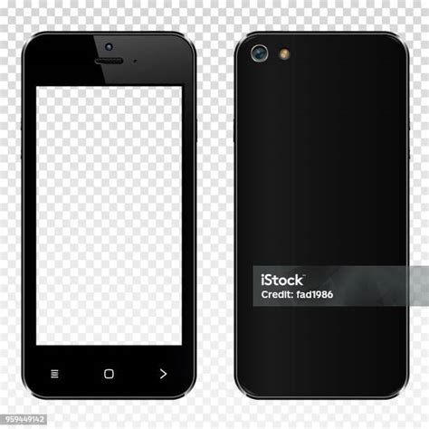투명 스크린 격리와 현실적인 검은색 스마트폰입니다 전면 및 후면 보기를 표시합니다 등에 대한 스톡 벡터 아트 및 기타 이미지