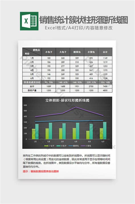 Sales Statistics Clustered Column Chart Line Excel Template Black