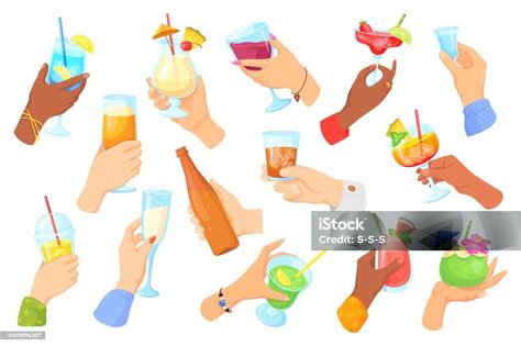 손은 술 음료를 환호합니다 축하 토스트 맥주 위스키 유리 와인 보드카 위스키 병 응원 음료 알코올 파티 깔끔한 벡터 일러스트 레이 션을위한 음료 음료 홀드 손에 대한 스톡