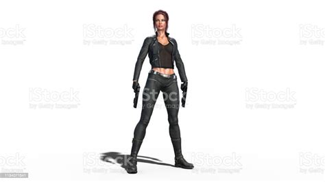 액션 소녀 총 흰색 배경 3d 렌더링에 고립 된 손 무기로 가죽 정장에 빨간 머리 여자 서 있는 Assassination에 대한 스톡 사진 및 기타 이미지 Istock