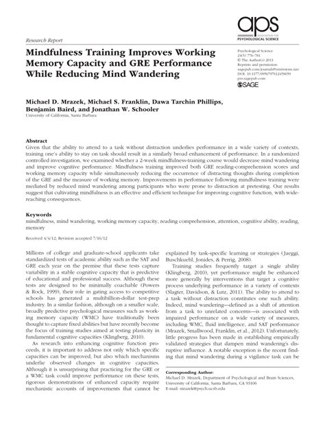 Pdf Mindfulness Training Improves Working Memory Capacity And Gre Performance While Reducing