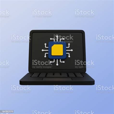 3d 최소 회로 기판 Cpu Cpu 프로세서 칩 마이크로칩 아이콘이 있는 노트북 3d 그림입니다 3차원 형태에 대한 스톡 사진