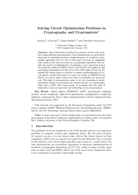 Pdf Solving Circuit Optimisation Problems In Cryptography And Cryptanalysis