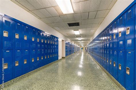 Typical Nondescript Usa Empty School Hallway With Royal Blue Metal