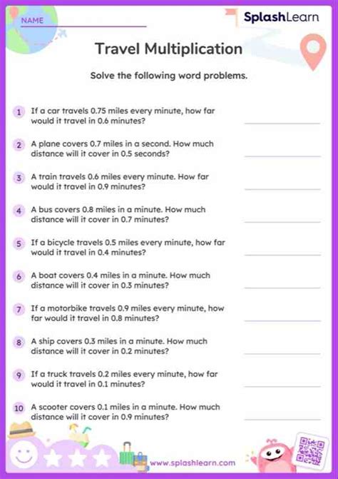 Multiply Decimal Numbers By Decimal Numbers Travel Word Problems Worksheet