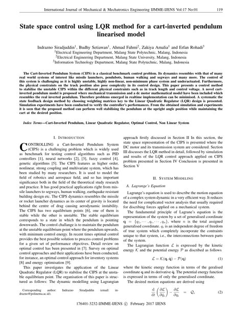 pdf state space control using lqr method for a cart inverted pendulum