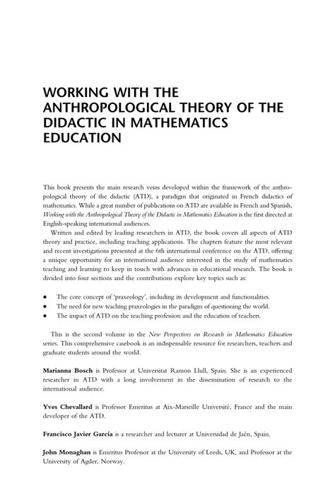 Pdf Working With The Anthropological Theory Of The Didactic In Mathematics Education A