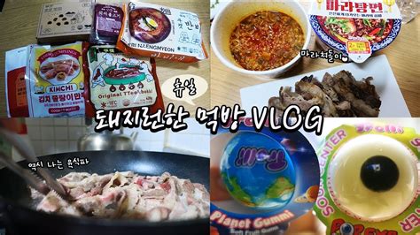 먹방 브이로그 입이 터질대로 터져버린 돼지런한 휴일 일상🐷 쿠캣마켓 떡볶이 냉면 돼지껍대기 쫄랭이만두 찹쌀모찌 마라탕면