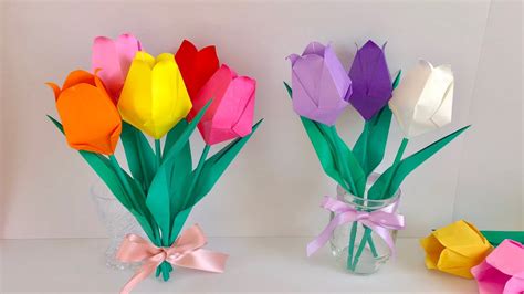 折り紙で折ったチューリップの花束2種 日用品 インテリア