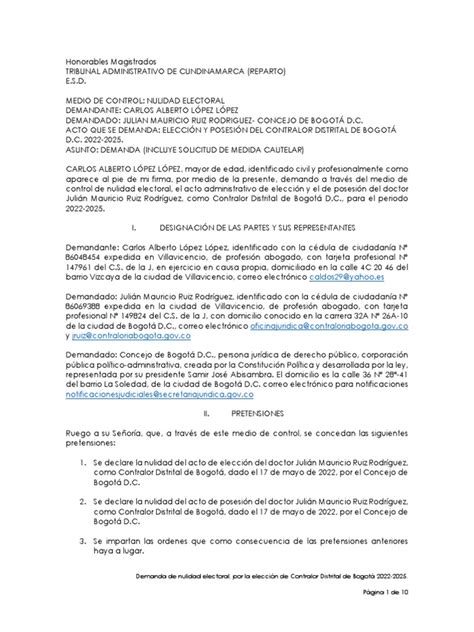Demanda De Nulidad Electoral Contra La Eleccion De Julian Ruiz Como