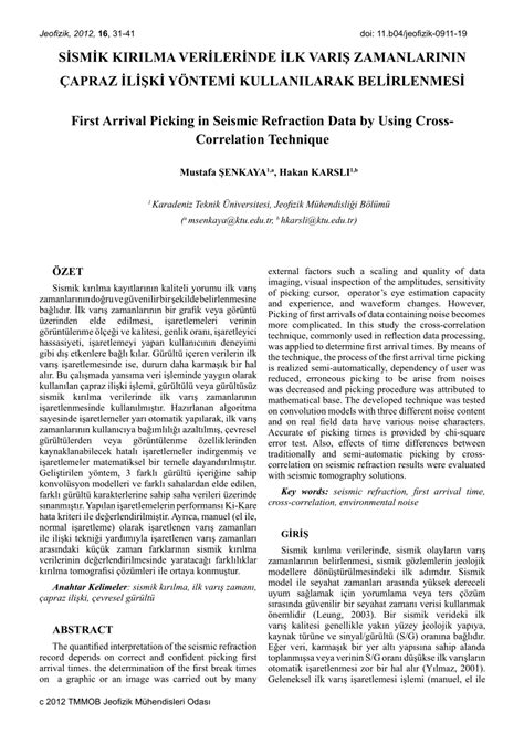 pdf sismik kirilma verilerinde İlk variş zamanlarinin Çapraz İlişki yöntemi kullanilarak