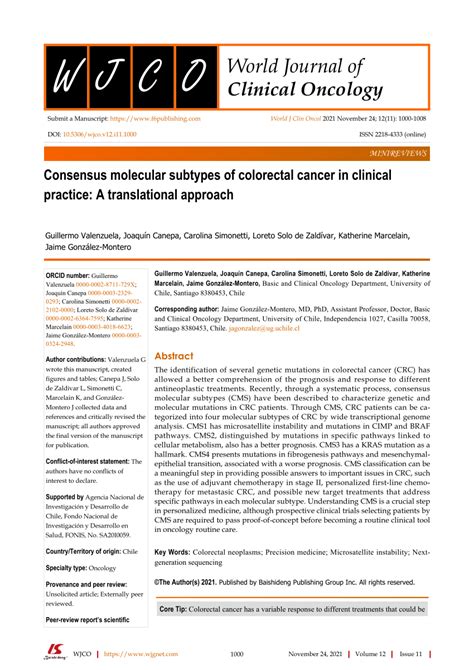 Pdf Consensus Molecular Subtypes Of Colorectal Cancer In Clinical Practice A Translational