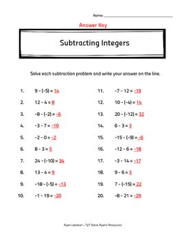 Subtracting Integers Practice By Ryan S Resources TPT