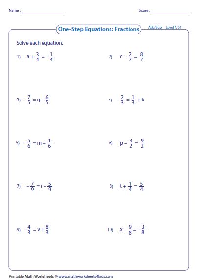 One Step Equation Addition And Subtraction