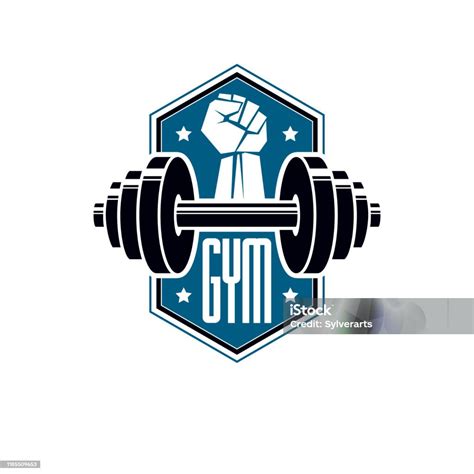 역도 체육관 및 피트 니스 클럽에 대 한 스포츠 로고 복고풍 스타일 벡터 엠블럼 바벨과 함께 건강한 생활방식에 대한 스톡 벡터