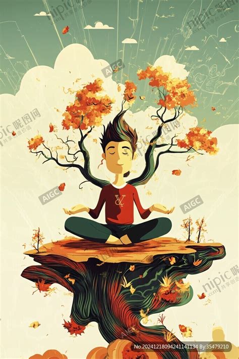 Ai创作图静心品禅插画 静坐画面 冥思修行 打坐冥想静思 正念修禅 精神修行 人与自然类插图 佛插画意境 秋天文创插画 拥抱大自然插画 佛系海报 修行冥想 佛系少年 佛家插画 打坐修炼