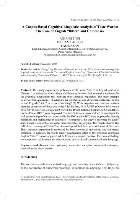 Pdf A Corpus Based Cognitive Linguistic Analysis Of Taste Words The Case Of English “bitter