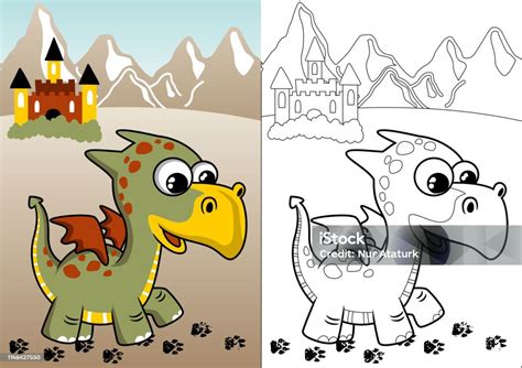 작은 드래곤과 산 배경 벡터 만화 그림 색칠 하기 책 또는 페이지에 성 거인에 대한 스톡 벡터 아트 및 기타 이미지 거인 교육 귀여운 Istock