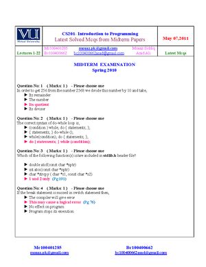 CS201 Midterm Solved MCQS By Junaid 0 CS201 Introduction To