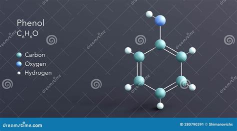Phenol Molecule 3d Rendering Flat Molecular Structure With Chemical Formula And Atoms Color