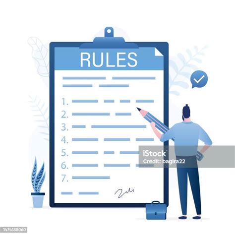 남성 관리자는 규칙 및 규정 문서에 서명했습니다 직원이 따라야 할 정책 및 지침 법적 용어 기업 규정 준수 또는 법률 표준 절차 연필을 가진 사업가 개선에 대한 스톡 벡터