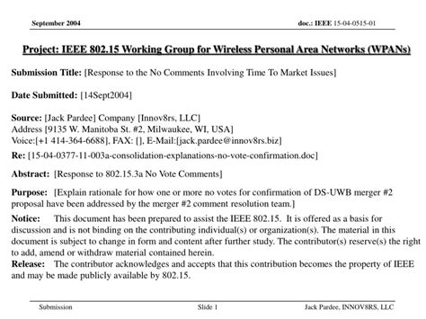PPT Project IEEE Working Group For Wireless Personal Area Networks WPANs PowerPoint